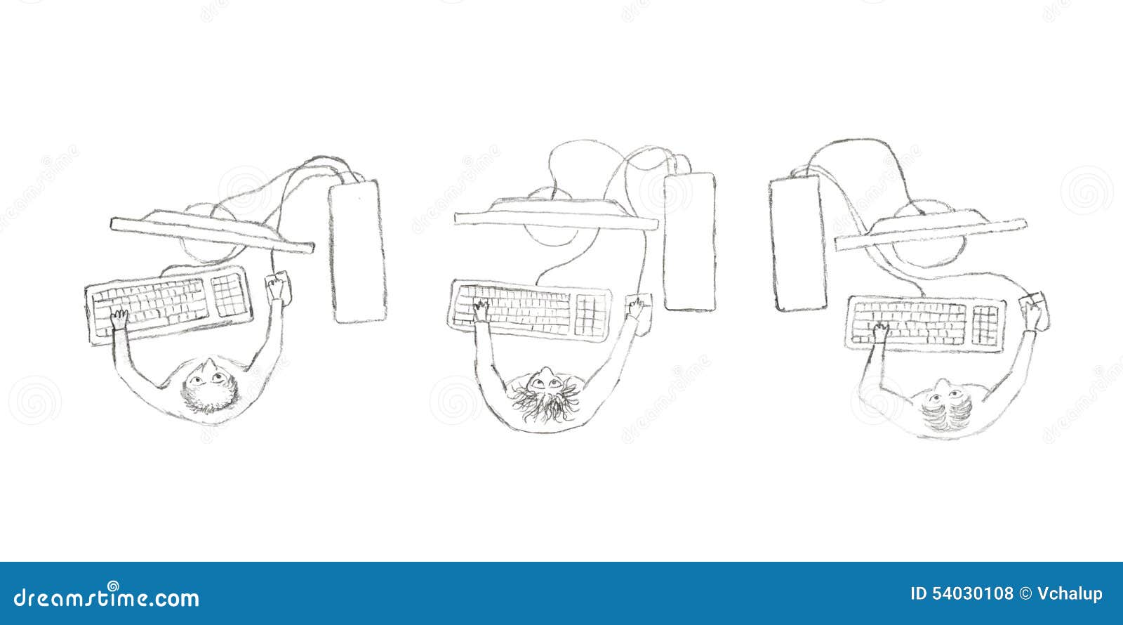 Working on Computer in Office Pencil Drawing on Paper Stock ...