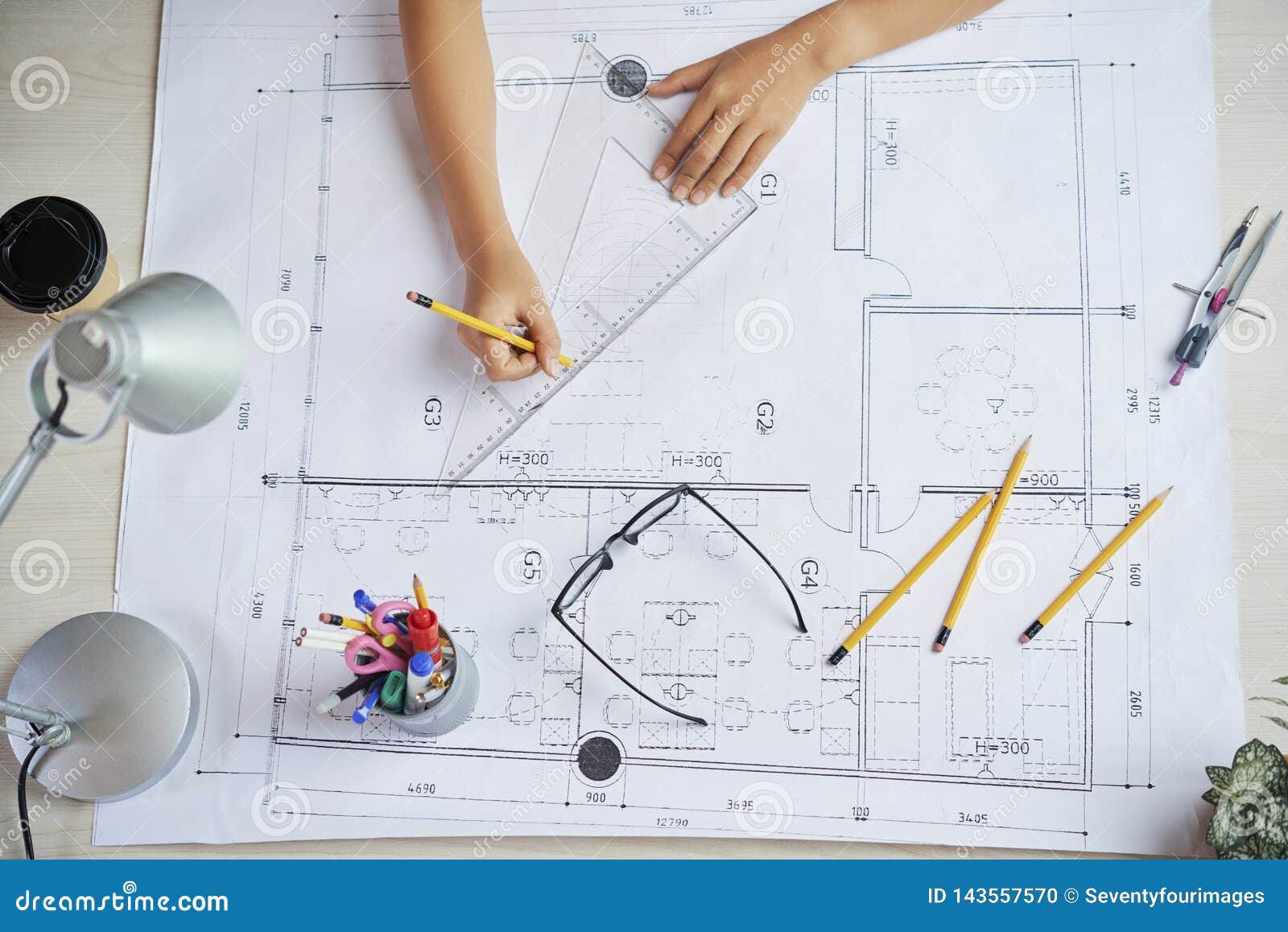 Working on Construction Plan Stock Photo - Image of industry, blueprint ...