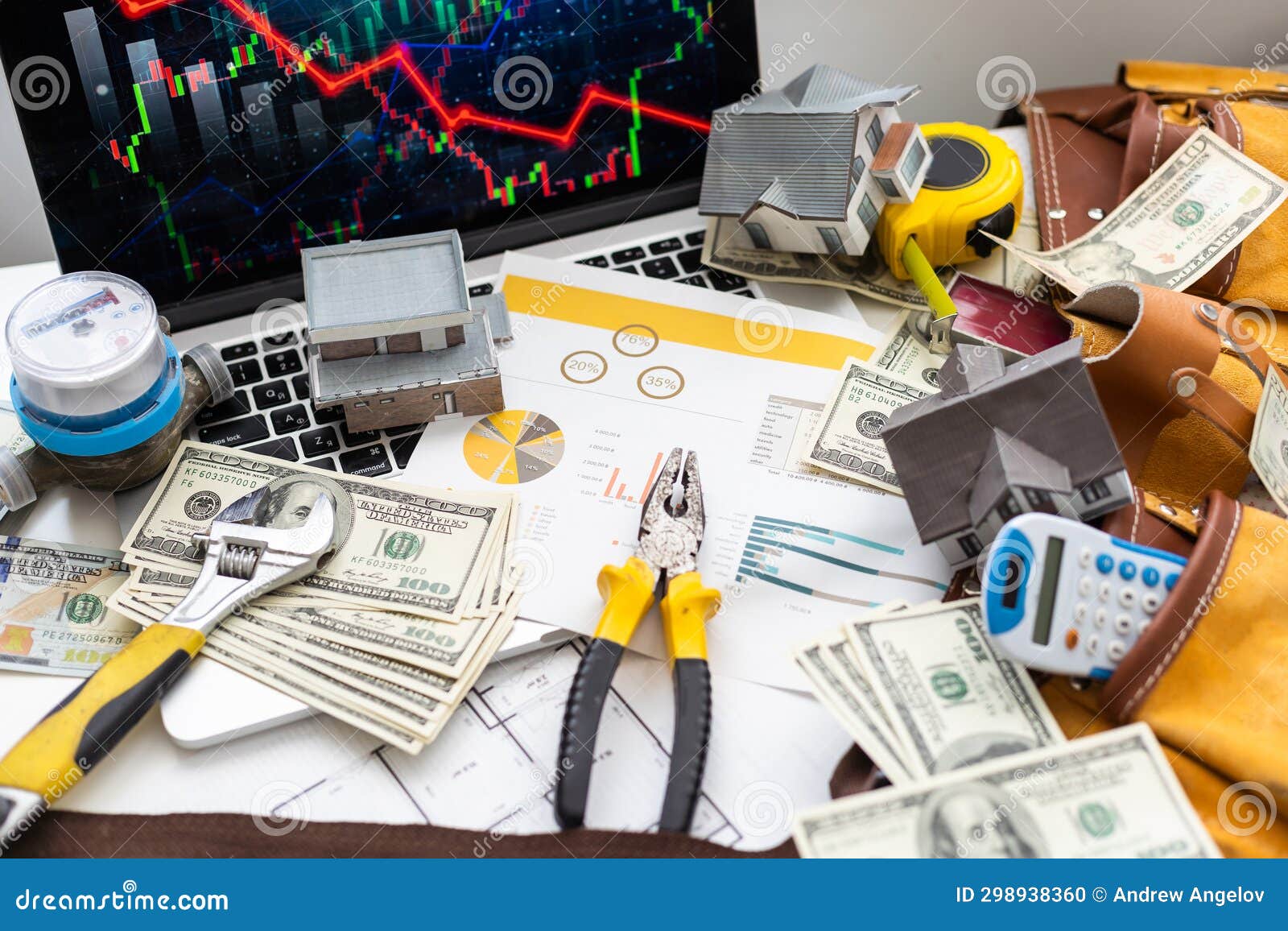 Working on Construction Project Background. Office Table with Dollars ...