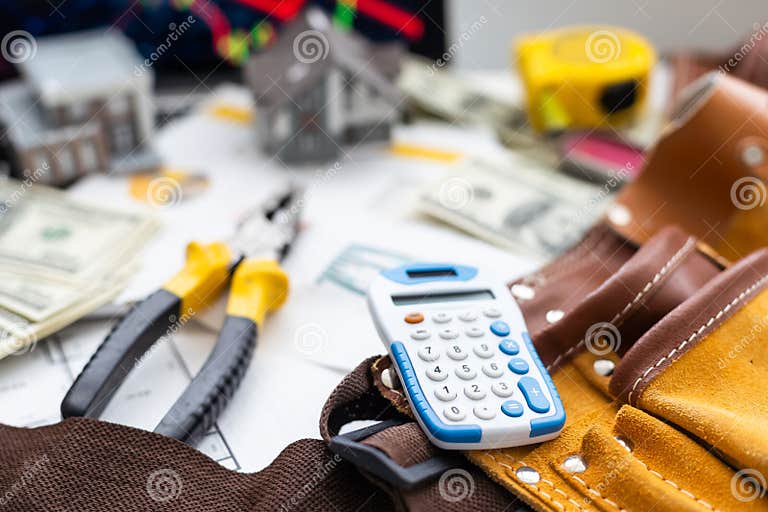 Working on Construction Project Background. Office Table with Dollars ...