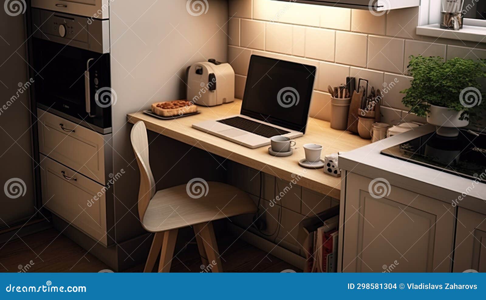 Working Corner With Monitor, Laptop, Wooden Desk, Ergonomic Chair And ...
