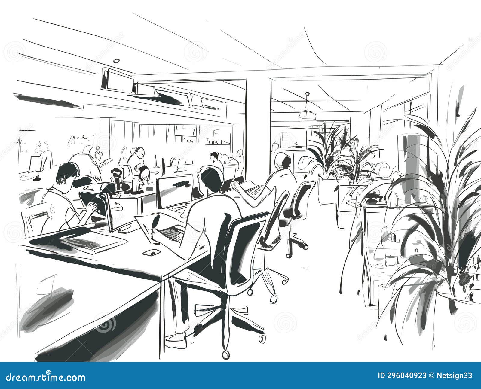 Working at Coworking Space in Hand-drawn Style Stock Illustration ...