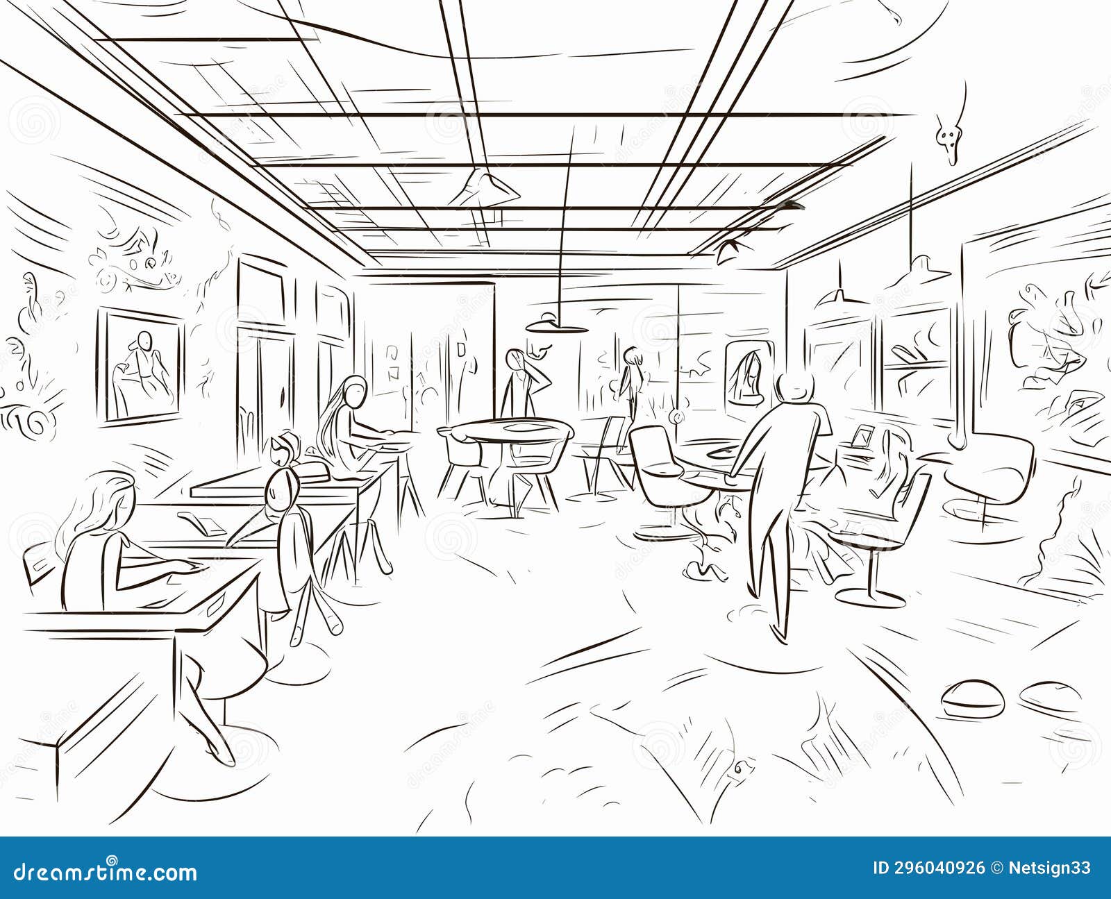 Working at Coworking Space in Hand-drawn Style Stock Illustration ...