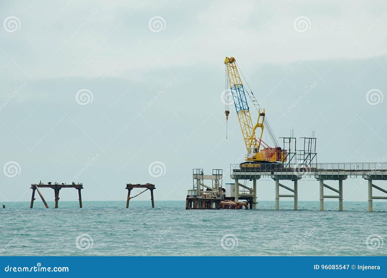 Working Crane on the Broken Bridge Stock Image - Image of offshore ...