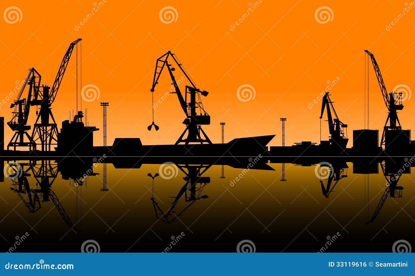 Working Cranes Unload Cargo in Seaport Stock Vector - Illustration of ...