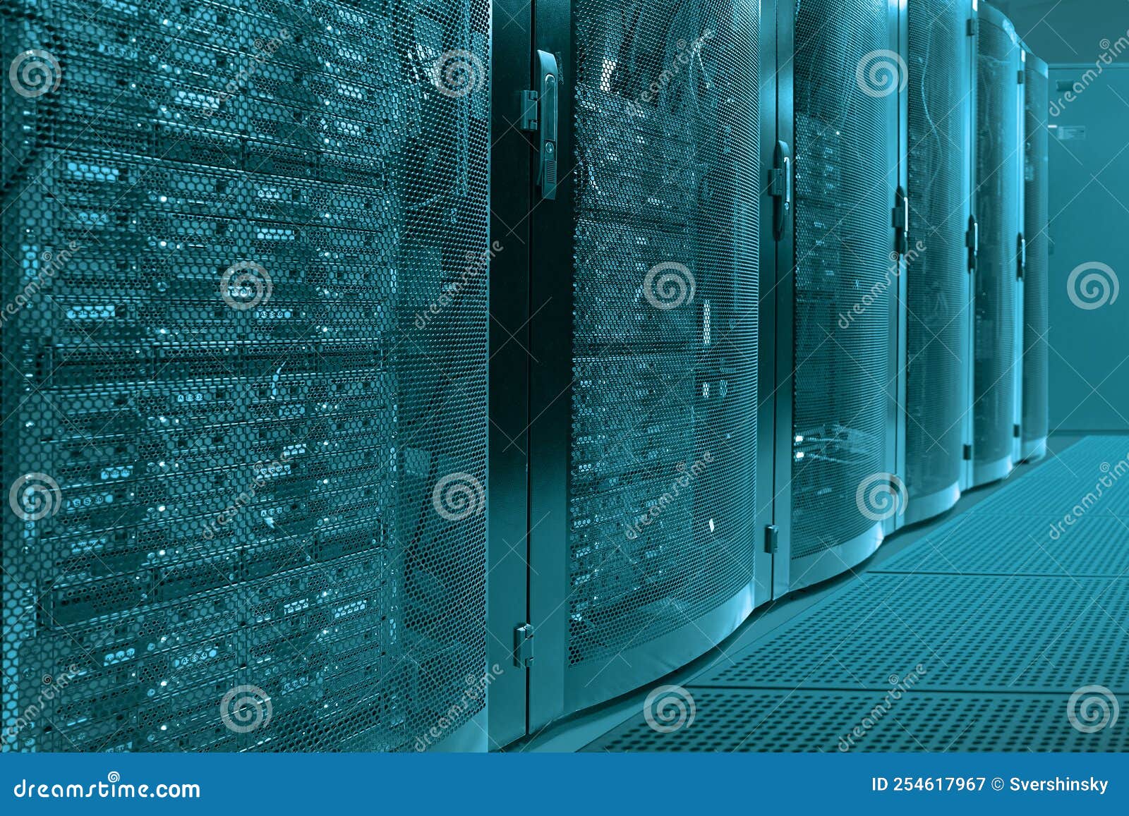 Operational Server Racks. Modern High-tech Telecommunications Database Super Computer in a Room ...