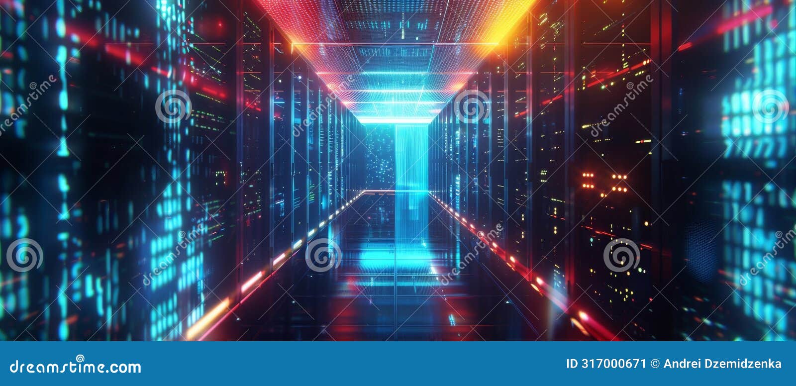 In a Working Data Center, a Corridor is Filled with Rack Servers and ...