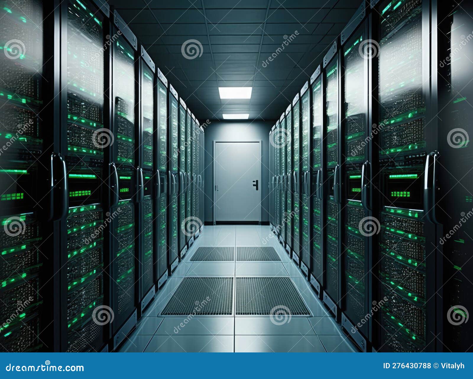 Working Data Center Full of Rack Lighting Servers. Dark Glow ...