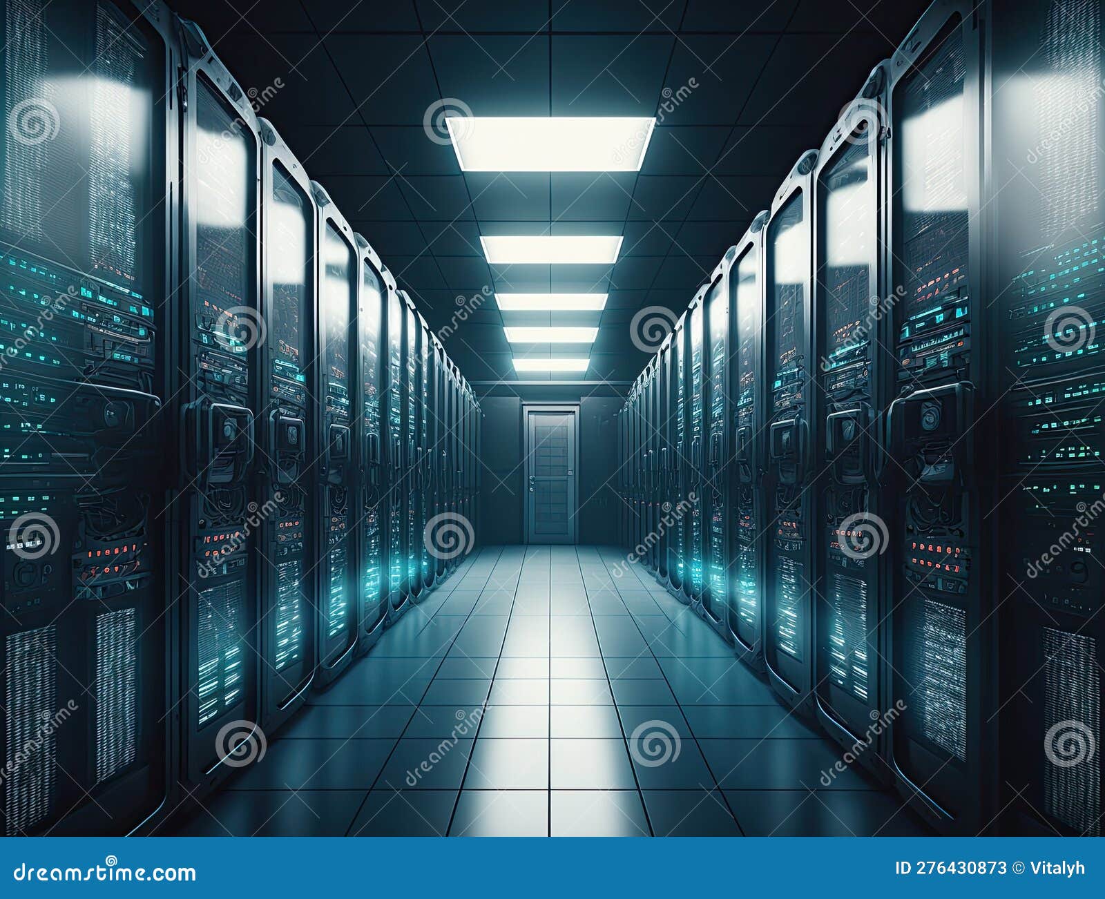 Working Data Center Full of Rack Lighting Servers. Dark Glow ...