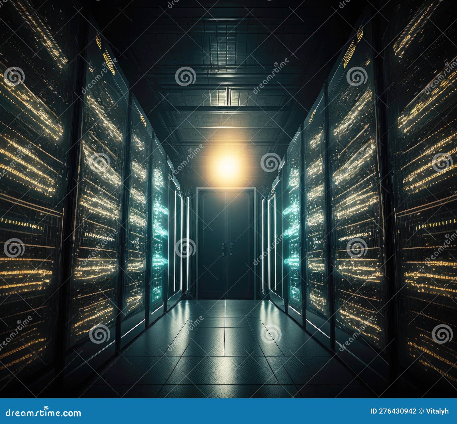 Working Data Center Full of Rack Lighting Servers. Dark Glow ...