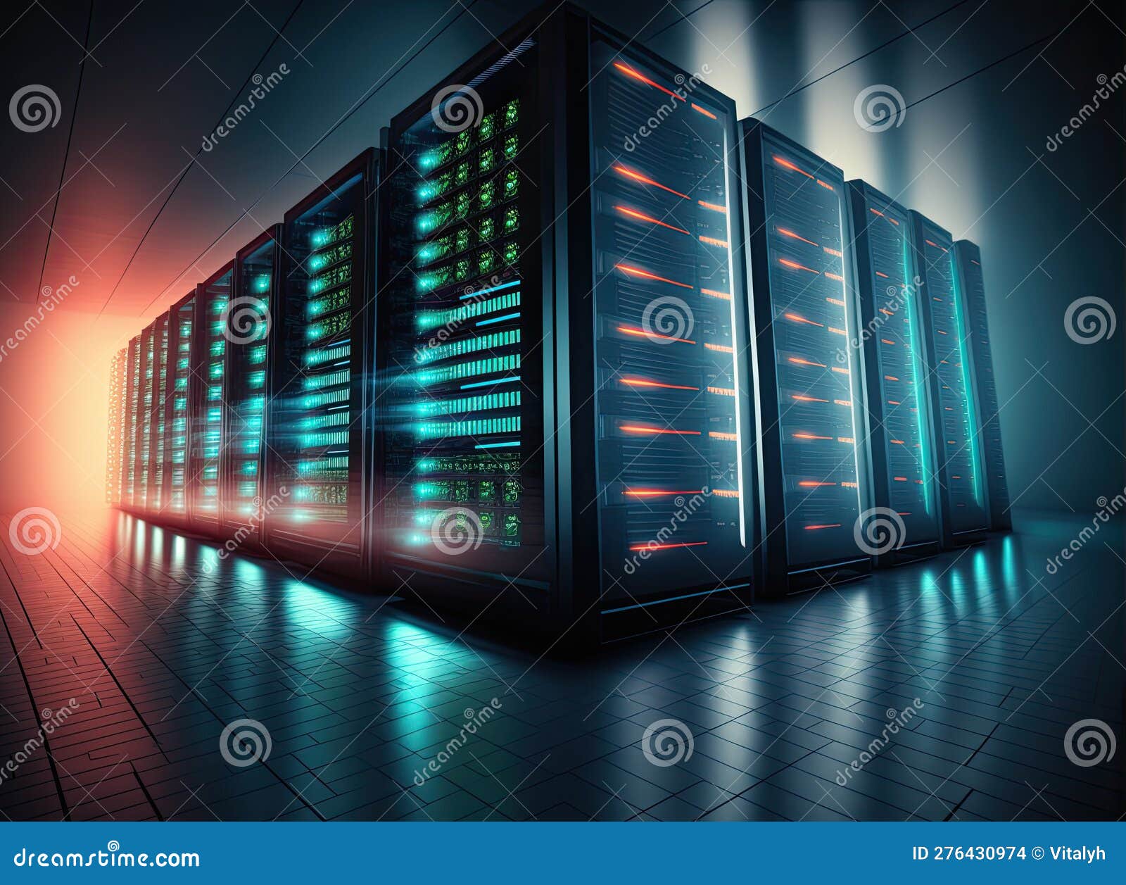 Working Data Center Full of Rack Lighting Servers. Dark Glow ...