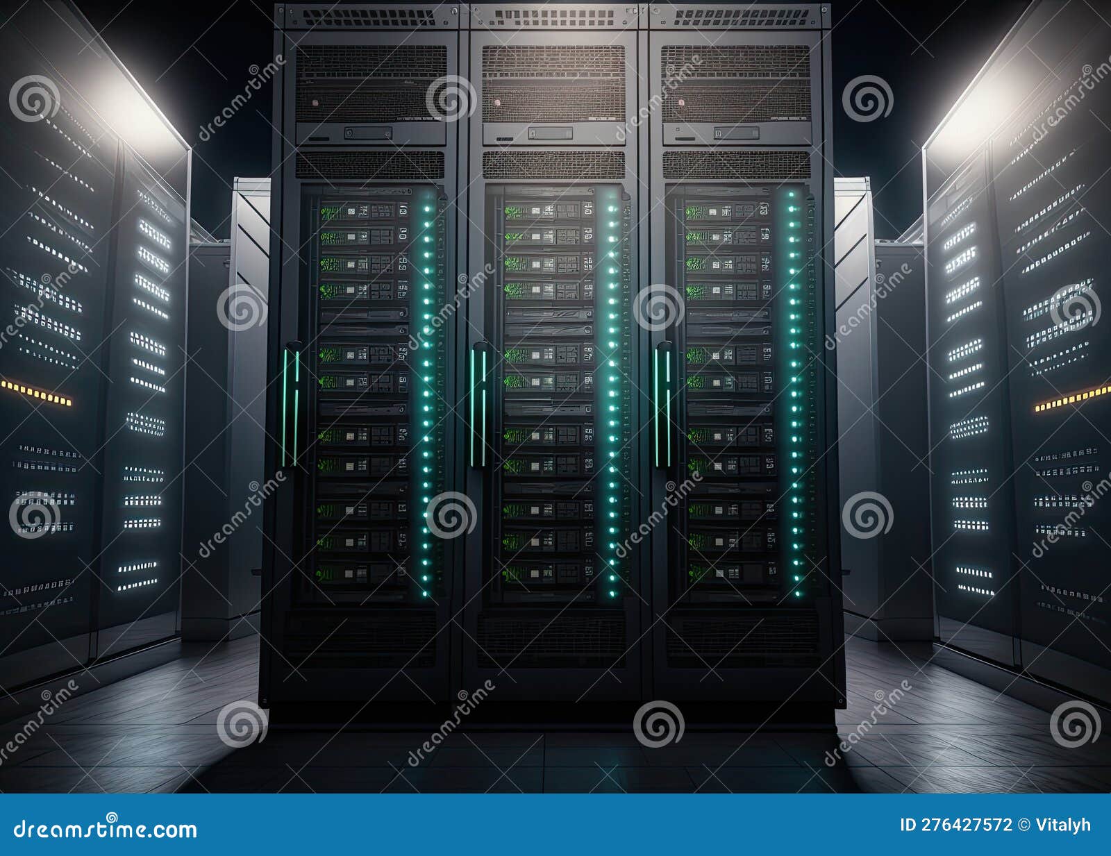 Working Data Center Full Rack Lighting Servers. Dark Neon Glow ...