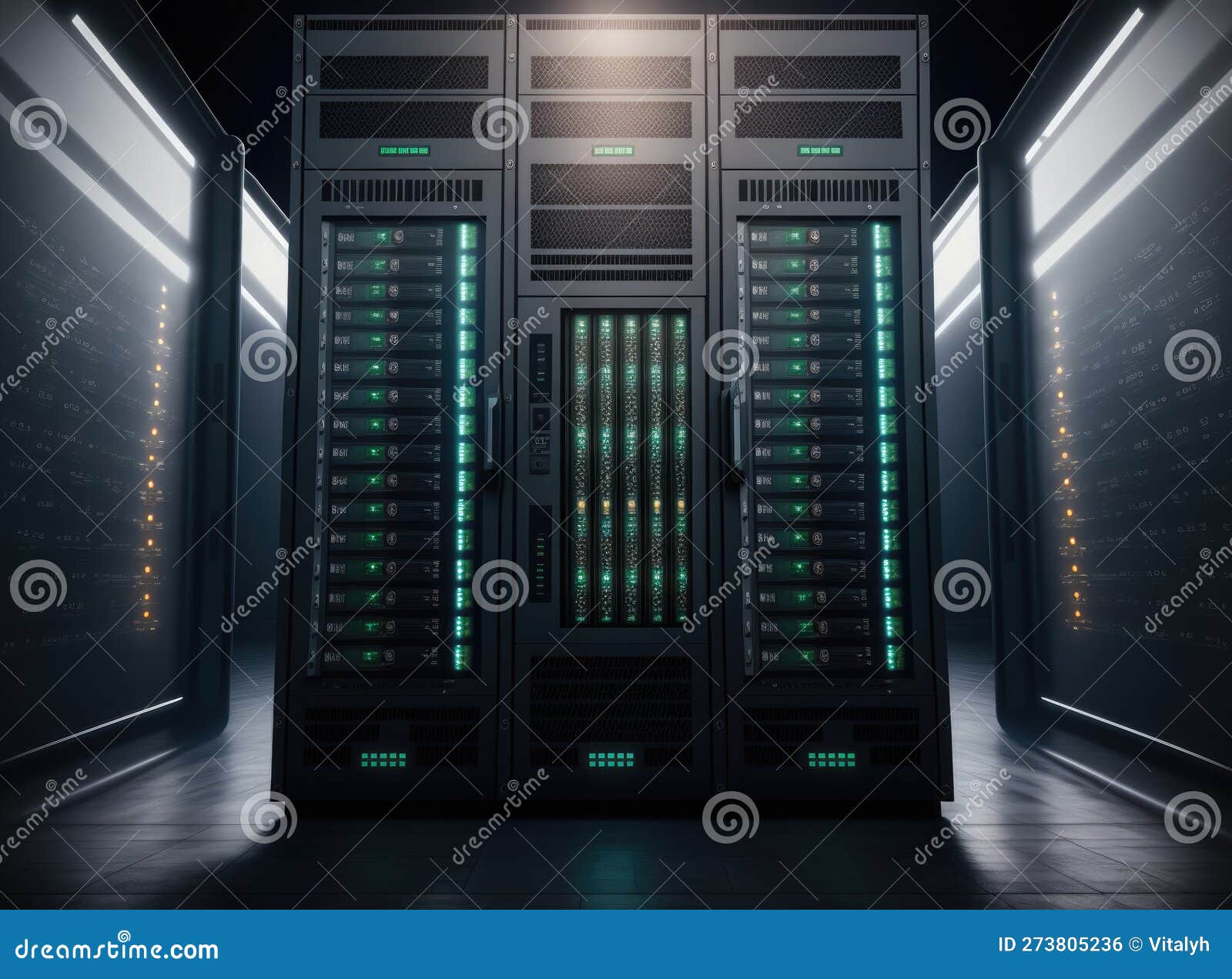 Working Data Center Full of Rack Lighting Servers. Dark Neon Glow ...