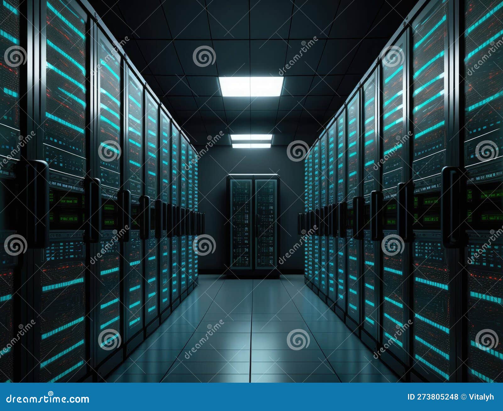 Working Data Center Full of Rack Lighting Servers. Dark Neon Glow ...