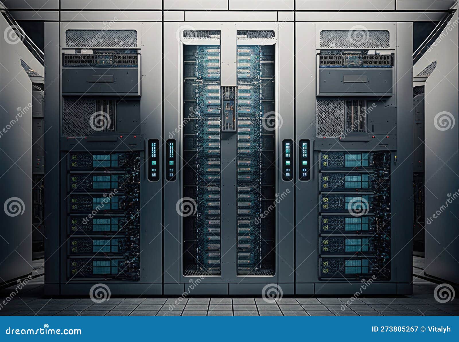 Working Data Center Full of Rack Lighting Servers. Dark Neon Glow ...