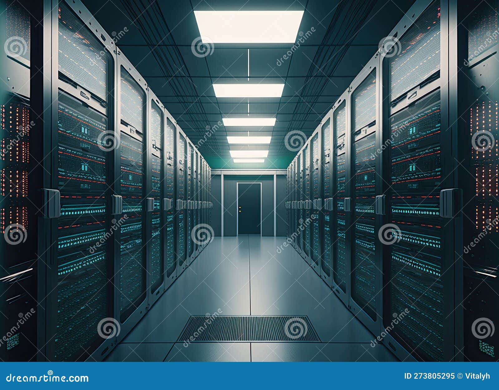 Working Data Center Full of Rack Lighting Servers. Dark Neon Glow ...