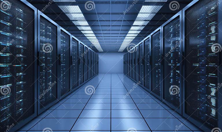 Working Data Center Full of Rack Servers and Supercomputers with High ...