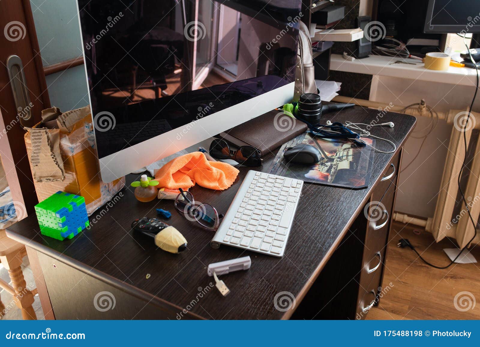 Working Desk with Computer and Stuff.View Over Untidy Workplace with ...