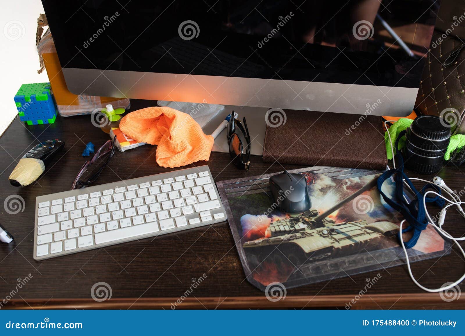 Working Desk with Computer and Stuff.View Over Untidy Workplace with ...