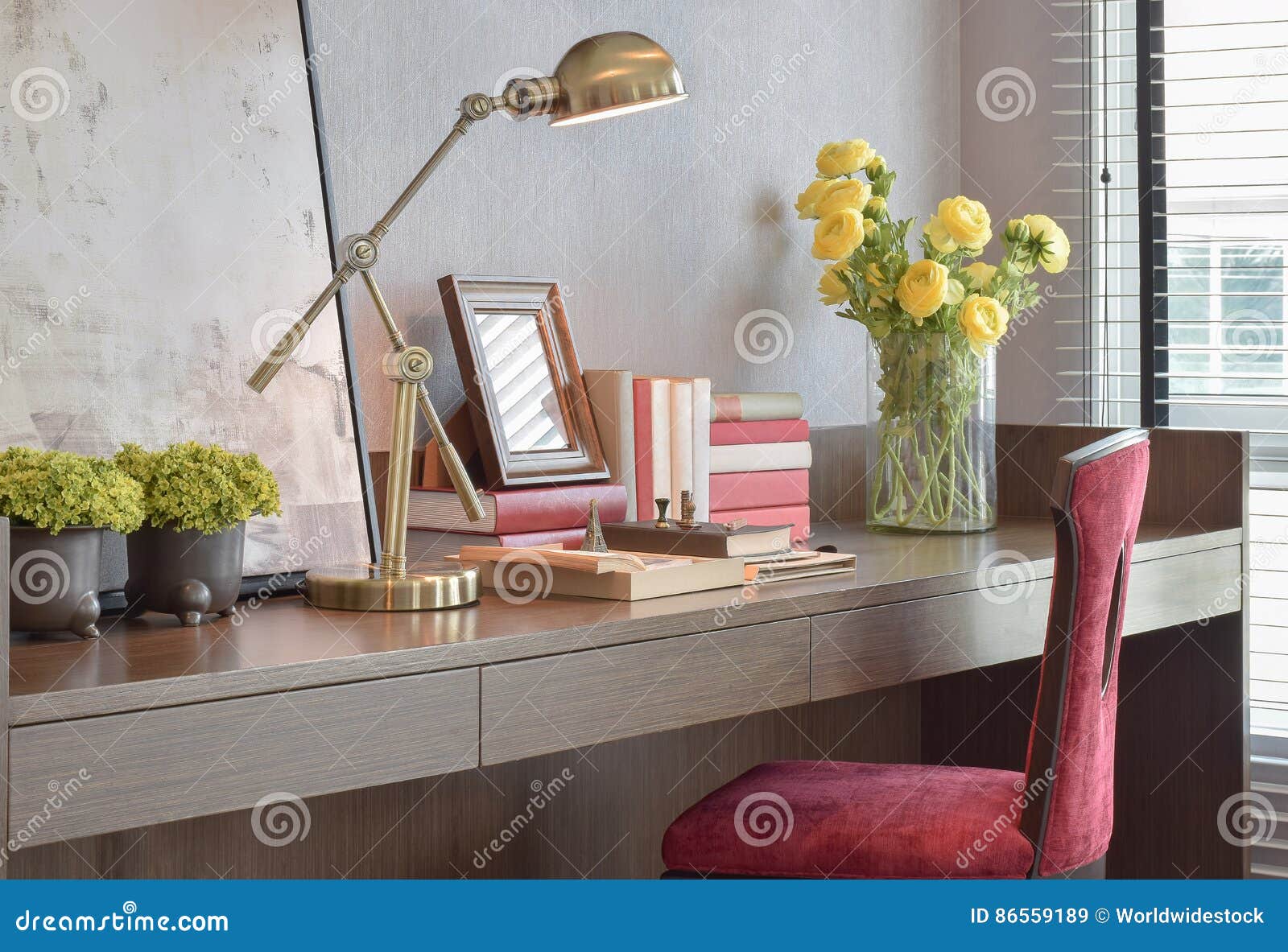 Working Desk with Reading Lamp and Red Classic Chair Stock Image ...
