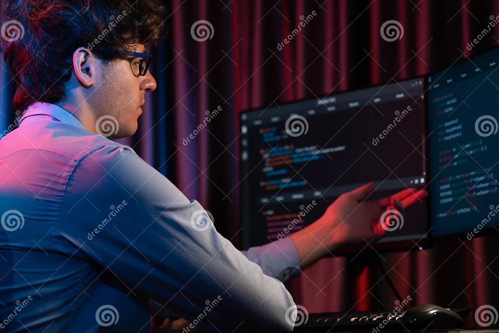 Working it Developer Concentrating Online Software at Neon Light Room ...