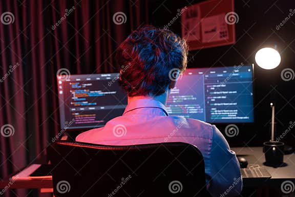 It Developer Creating Online Software Information Coding on Pc Screen. Gusher. Stock Image ...