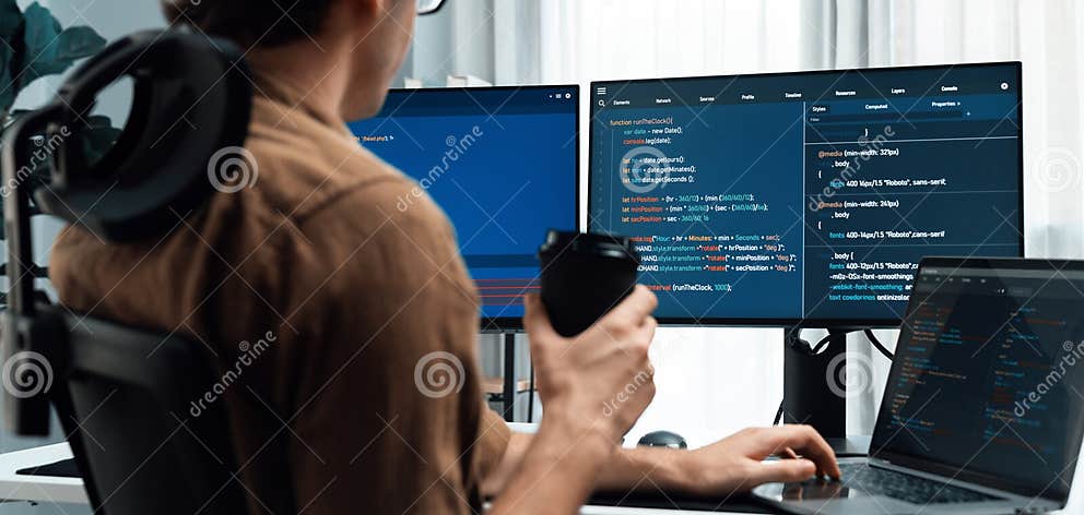 It Developer Drinking Coffee while Working in Creating Program Codding. Gusher. Stock Photo ...