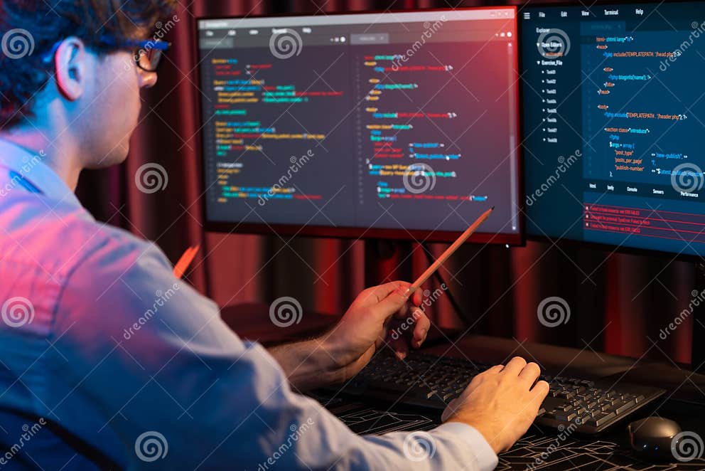 Working it Developer Pointing with Pencil on Online Software Coding ...