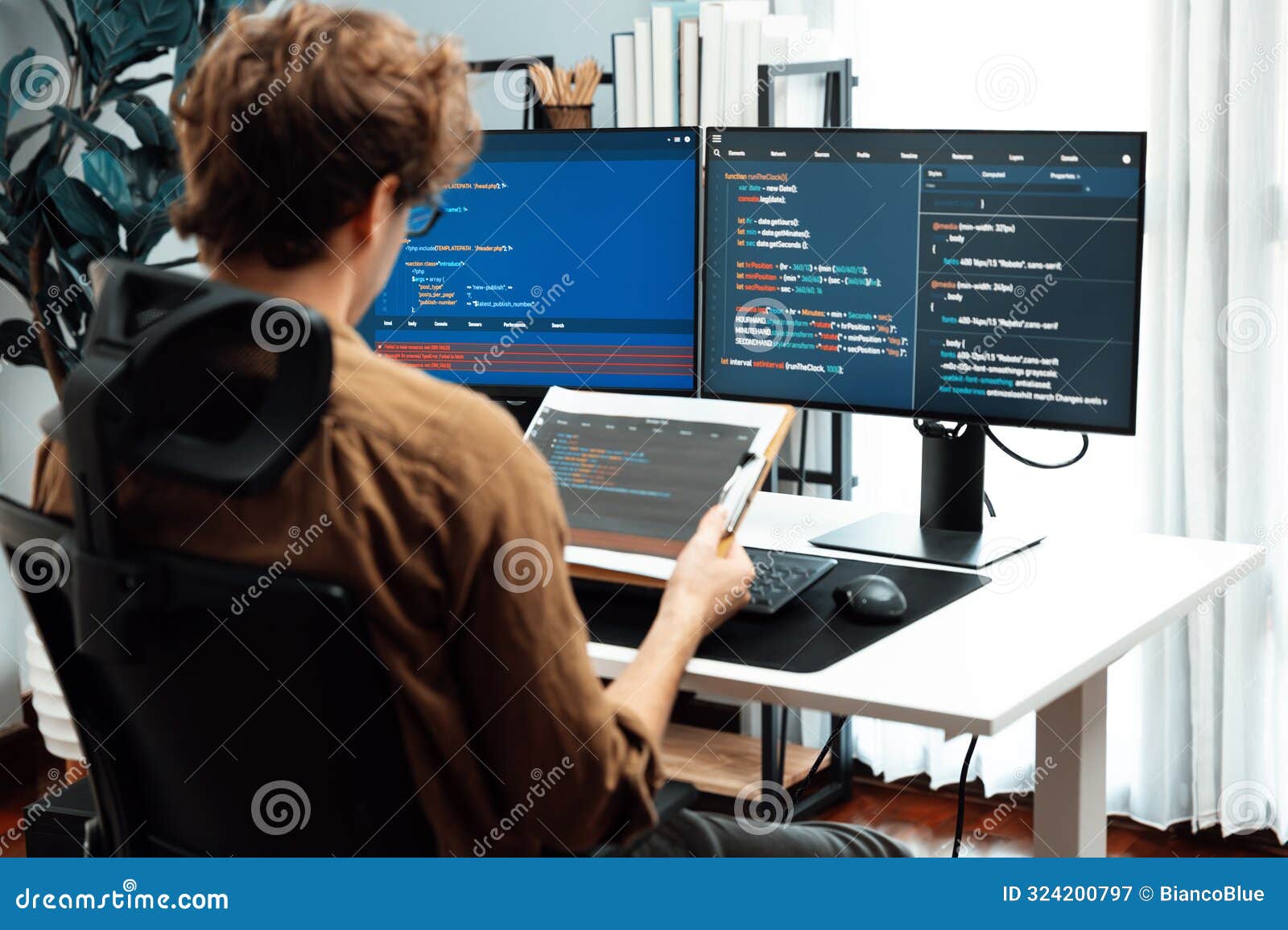 It Developer Reading Coding on Document Paper Software with Screens. Gusher. Stock Image - Image ...