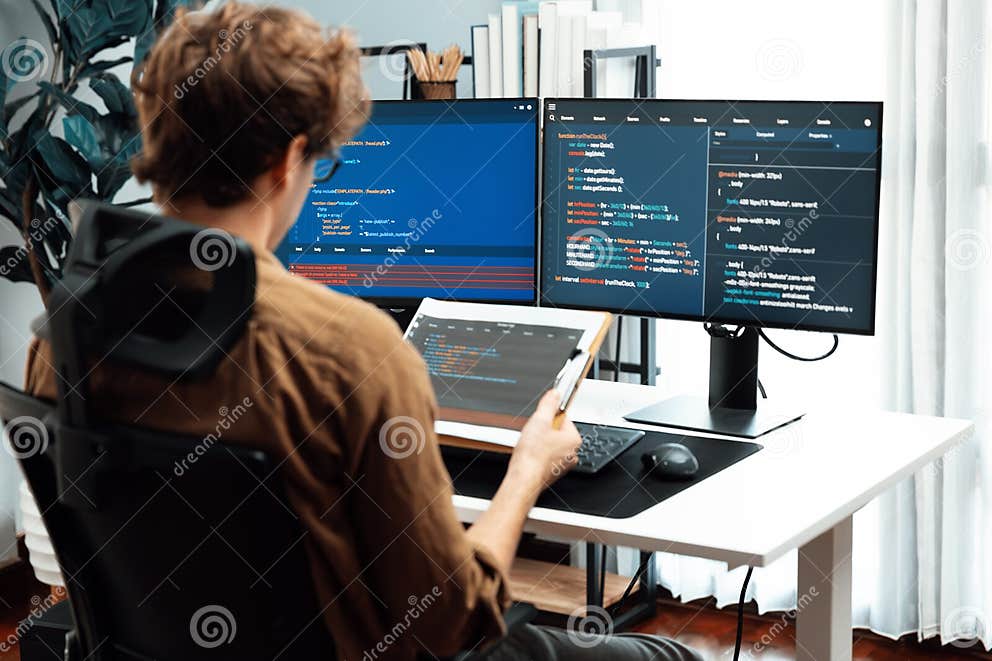 It Developer Reading Coding on Document Paper Software with Screens. Gusher. Stock Image - Image ...