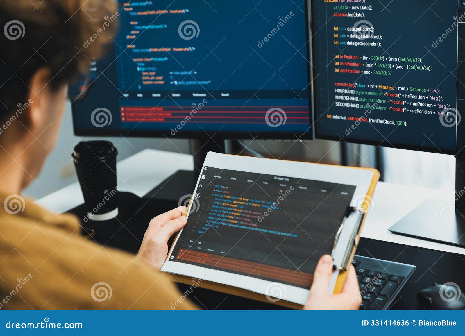 It Developer Reading Coding on Document Paper Software with Screens. Gusher. Stock Photo - Image ...