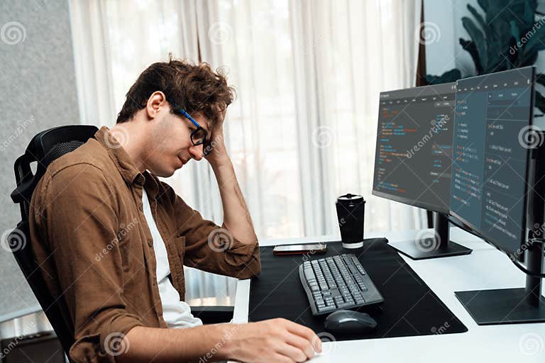 It Developer with Stressful Overworked Having Headache in Bad Feeling ...