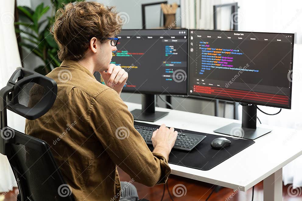 It Developer with Stressful Overworked in Creating Online Software Code. Gusher. Stock Image ...