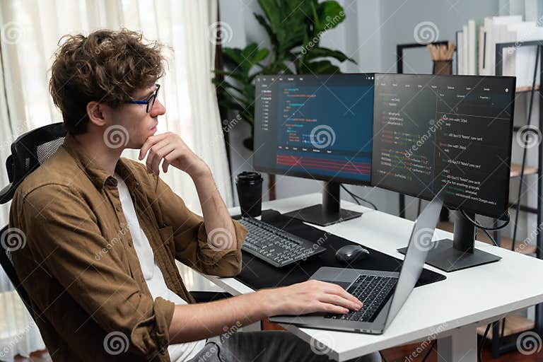 It Developer with Stressful Overworked in Creating Online Software Code. Gusher. Stock Image ...