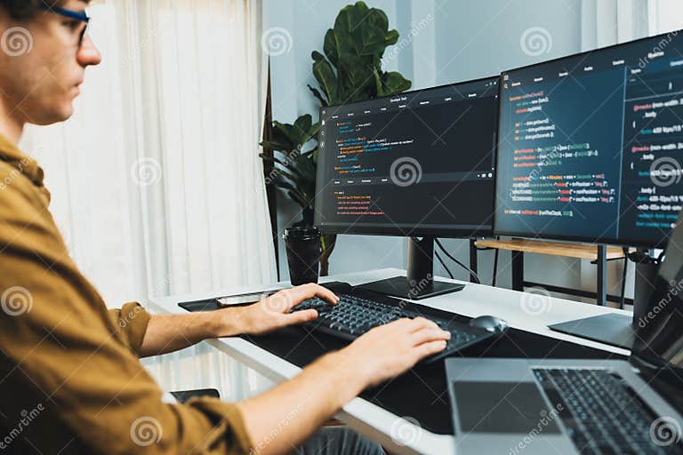 It Developer with Stressful Overworked in Creating Online Software Code. Gusher. Stock Image ...