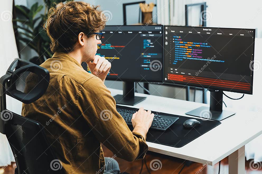 It Developer with Stressful Overworked in Creating Online Software Code. Gusher. Stock Photo ...