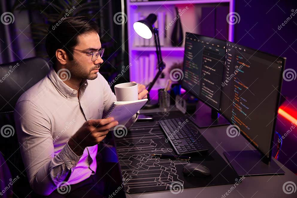 It Working with Drinking Coffee Coding on Pc Screen, Reading Note ...