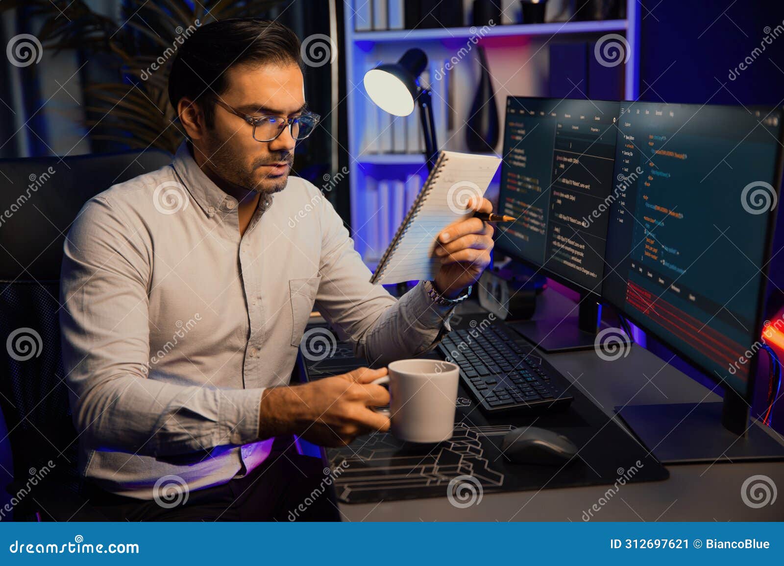 It Working with Drinking Coffee Coding on Pc Screen, Reading Note ...