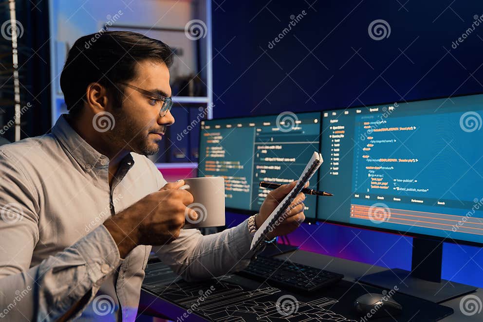 It Working with Drinking Coffee Coding on Pc Screen, Reading Note ...