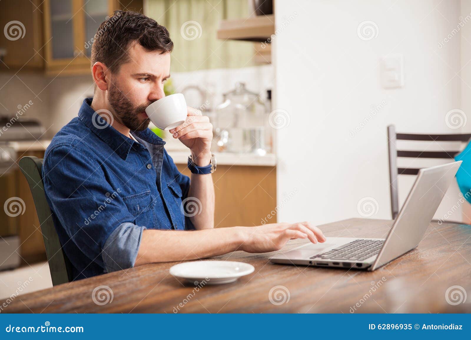 Working and Drinking Coffee at Home Stock Image - Image of adult, news ...