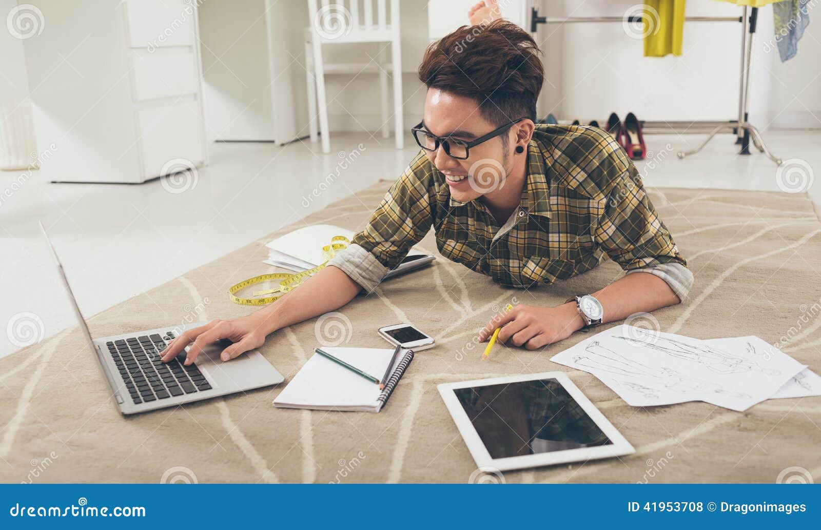 Working on the floor stock photo. Image of positive, shirt - 41953708
