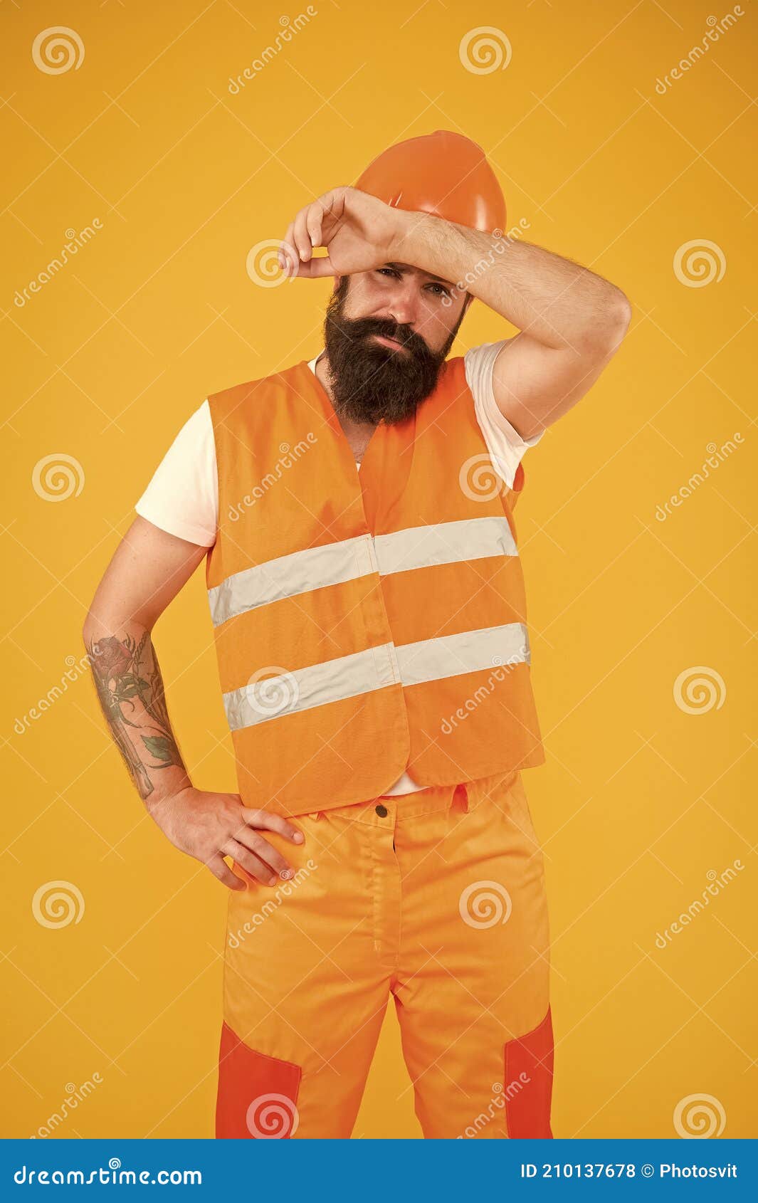 Working Hard. Tired Construction Worker Mop Sweat Yellow Background ...