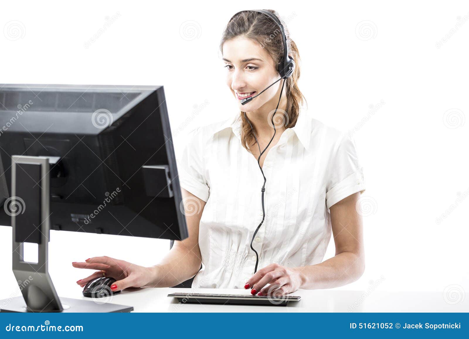 Working in Headset in Front of Computer Stock Photo - Image of ...