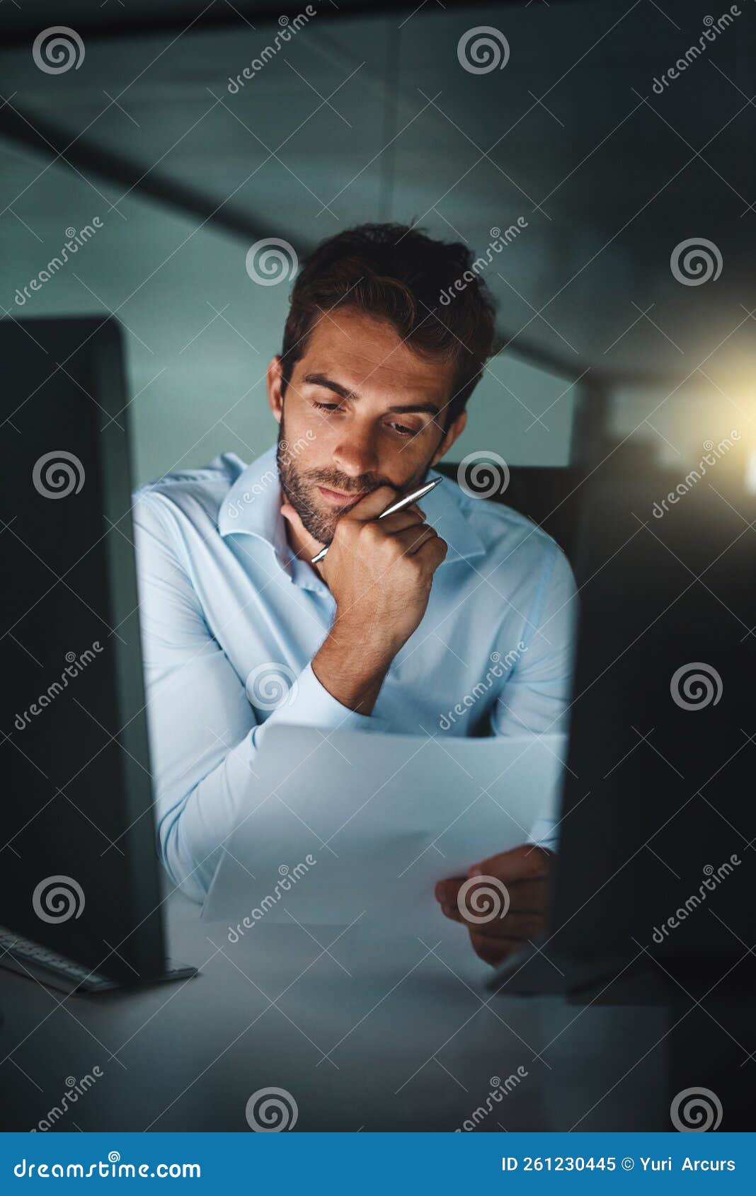 Working on His Master Plans through the Night. a Young Businessman ...