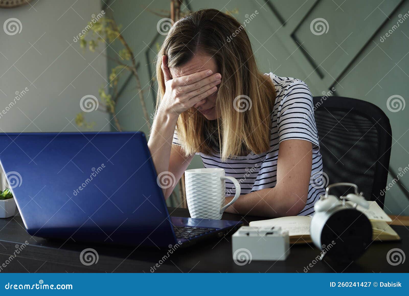 Exhausted Woman at Home Office Workplace Using Laptop Stock Image ...