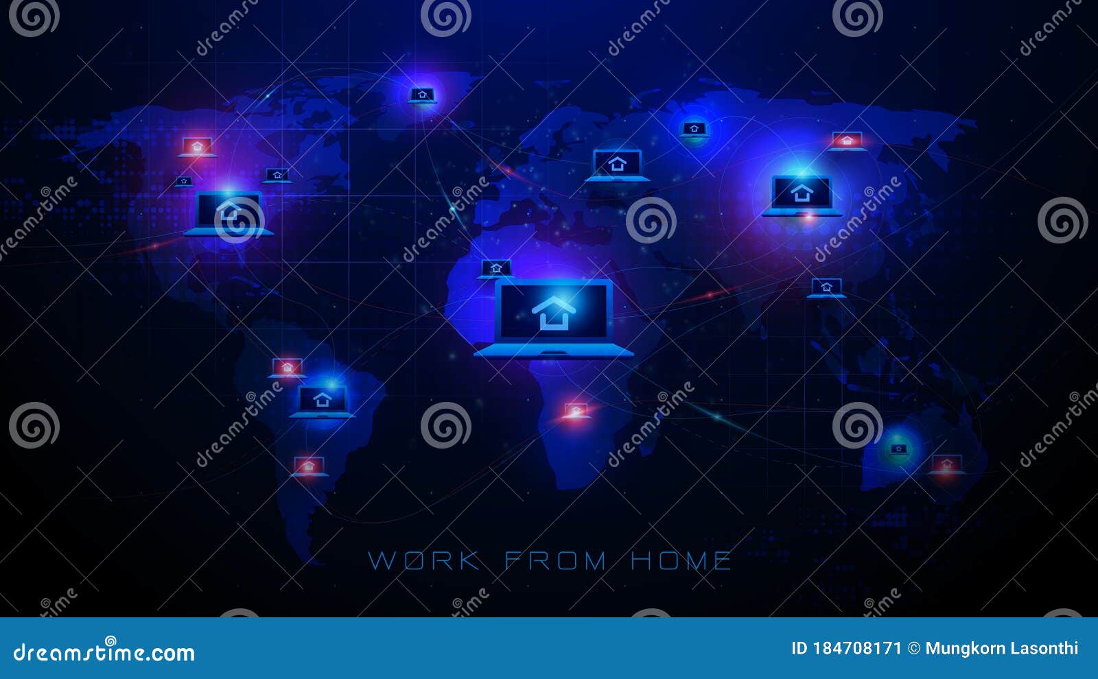 Working at Home Concept. Technology Laptop Connecting on World Maps ...