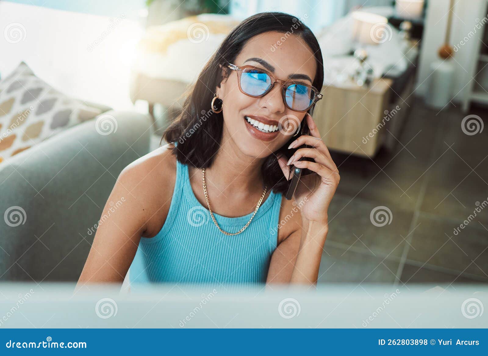 Working from Home Freelancer Talking on Phone while Doing Remote Work ...