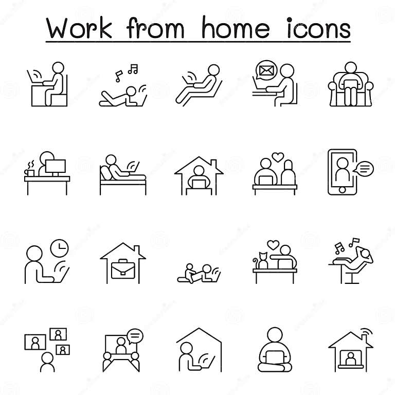 Working at Home Icon Set in Thin Line Style Stock Vector - Illustration ...