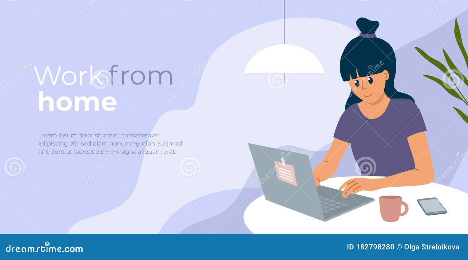Working from Home Office Illustration with Woman Using Laptop Stock ...