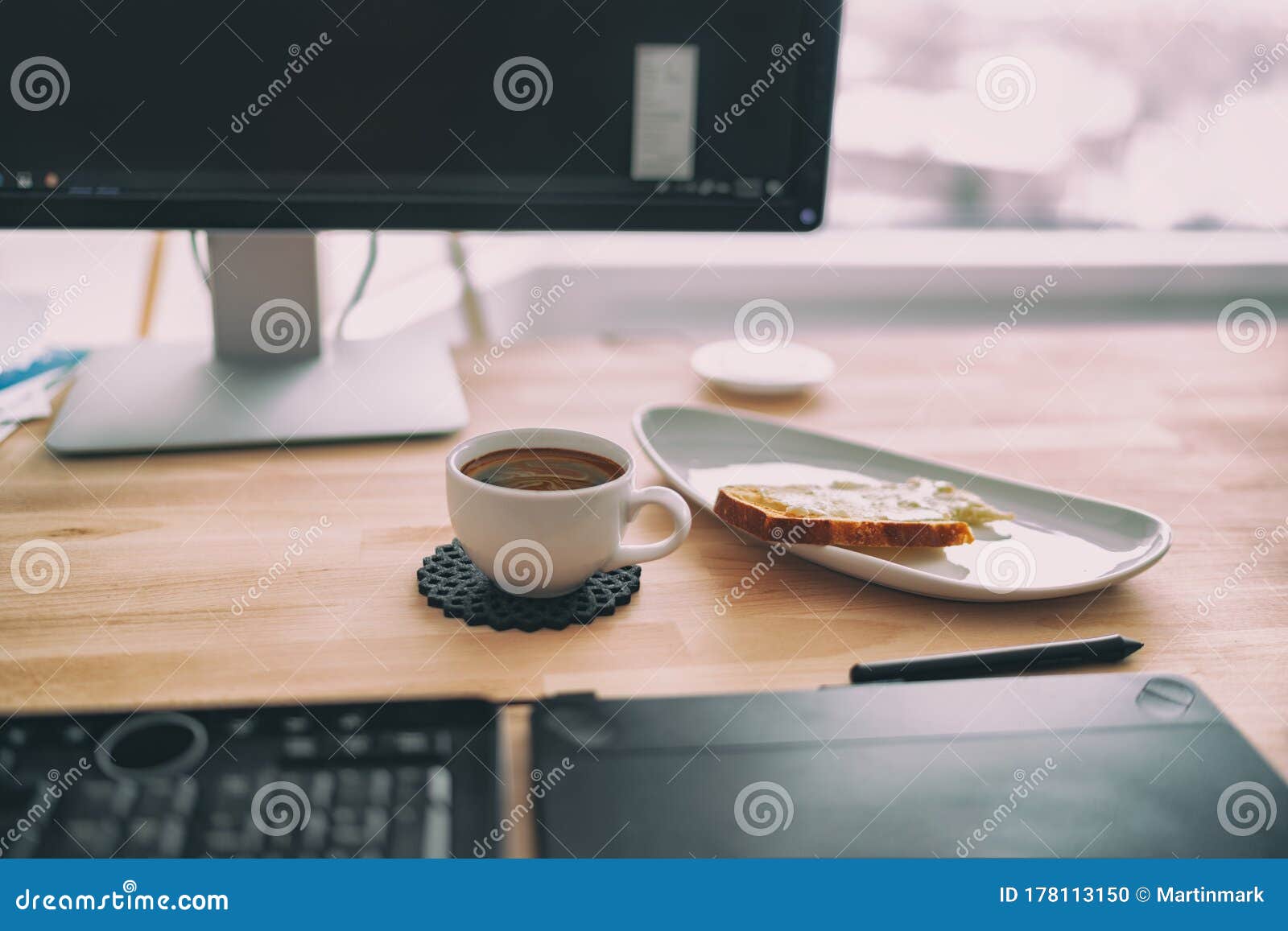 Working from Home Office Remote Work Breakfast Snack Coffee and Toast ...